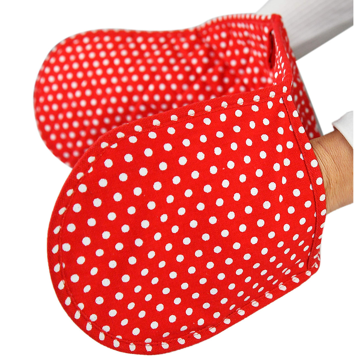 Home-X Red Polk Dot Double Oven Mitt for Cooking and Serving, Heat Resistant, Extra Long Potholder, Oven Gloves to Protect Hands and Arms, Machine Washable -32”L