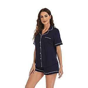 LUBOT Women's Pajamas Set Short Sleeve Button-Down Shirt PJ Pants Two-piece Shorts Set Summer Night Suit Sleepwear Loungewear (Navy Blue, M)