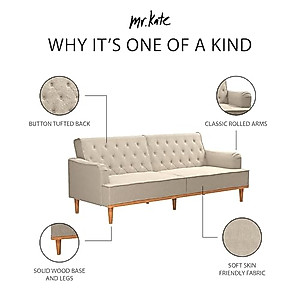Mr. Kate Stella 80 Inch Futon Sofa Bed, Modern Upholstered Couch Sleeper with Button Tufted Back and Wood Trim, Tan