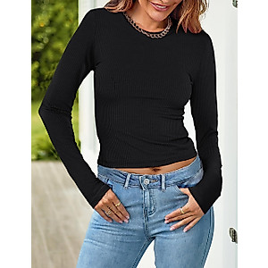 MEROKEETY Women Long Sleeve Slim Fit Crop Shirt Ribbed Knit Tops Casual Round Neck Y2K Tees Black Medium