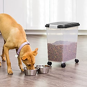 IRIS USA 25Lbs./33Qt. WeatherPro Airtight Pet Food Storage Container with Attachable Casters, For Dog Cat Bird and Other Pet Food Storage Bin, Keep Fresh, Translucent Body, Easy Mobility, Black