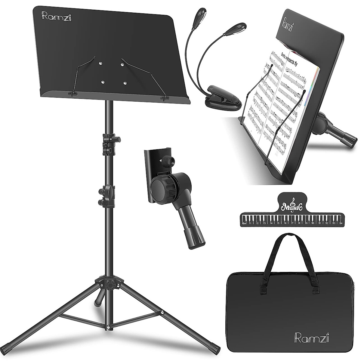 Ramzi Portable 5-in-1 Dual-Use Sheet Music Stand with Light, Clip, and Carrying Bag