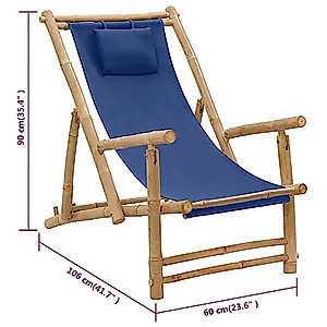Youuihom Deck Chair Camping Chair Patio Lounge Chair Beach Chairs Garden Chair Bamboo and Canvas Navy Blue Suitable for Balcony, Garden, Patio, Beach, Lawn