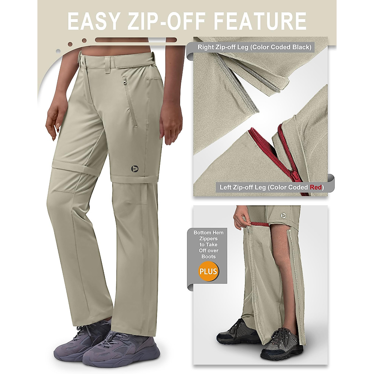 Outdoor Ventures Women's Convertible Pants, Quick Dry Hiking Zip-Off Pants, Stretch Lightweight Cargo Pants Beige