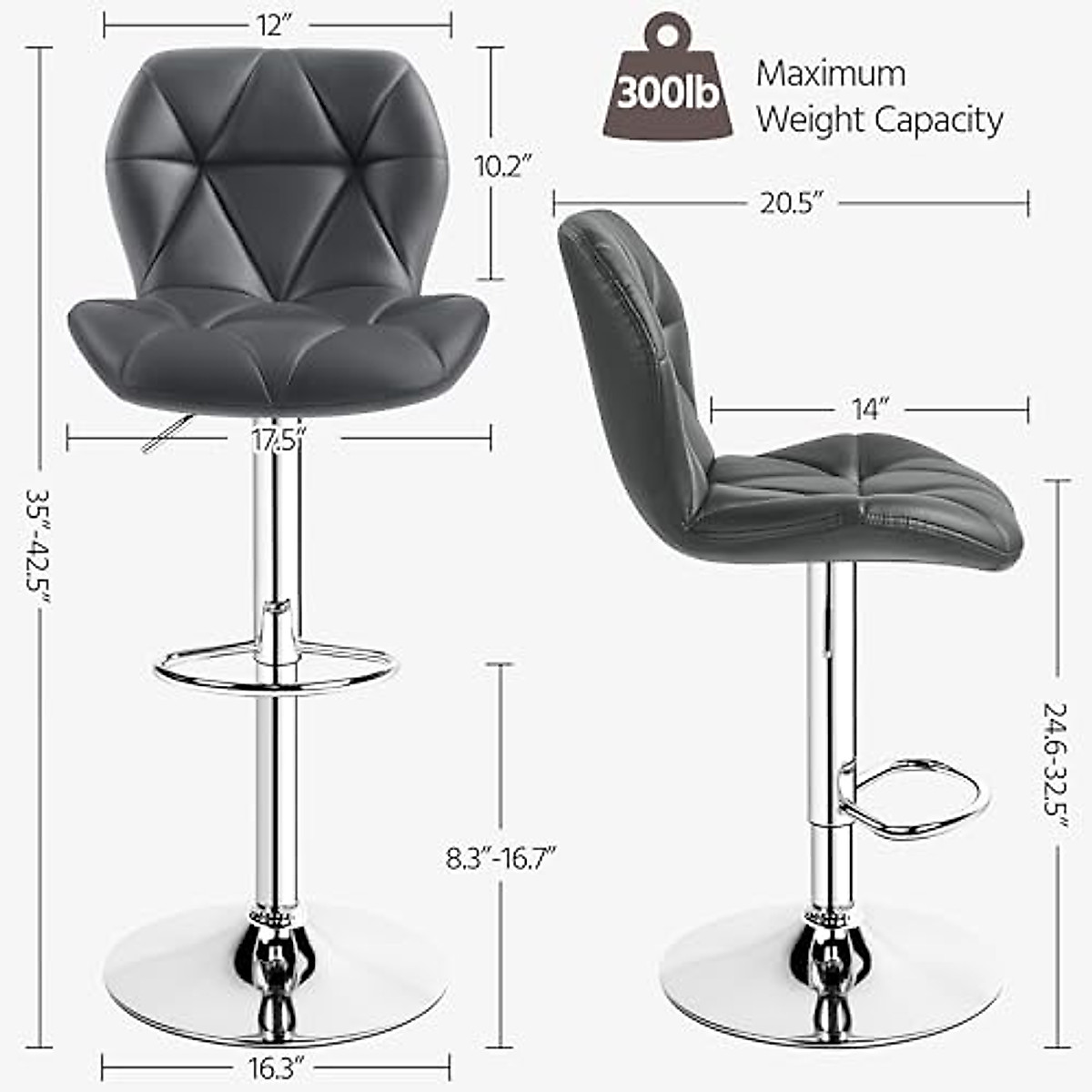 Yaheetech Grey Barstools Set of 2, PU Leather Bar Chairs with Backrest, Height Adjustable Swivel Island Stools for Kitchen Counter, Grey