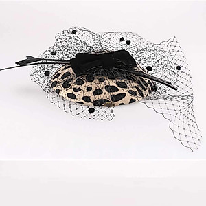F FADVES 100% Australian Wool Pillbox Hat Black Veil Fedora Lepoard Print Fascinator