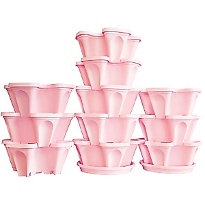 5-Tier Pink Strawberry and Herb Garden Planter - Stackable Gardening Pots with 10 Inch Saucer