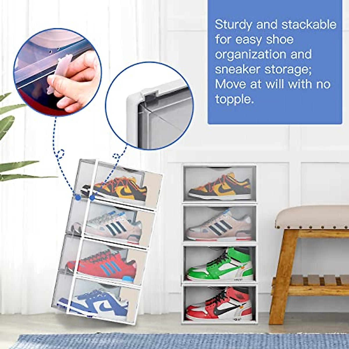 Shoe Box, 12 Pack X-Large Shoe Storage Boxes Clear Plastic Stackable, Transparent Shoe Organizer, Side Profile Shoe Containers for Sneaker Display, Easy Assembly, Shoe Holder Fit for US Size 12