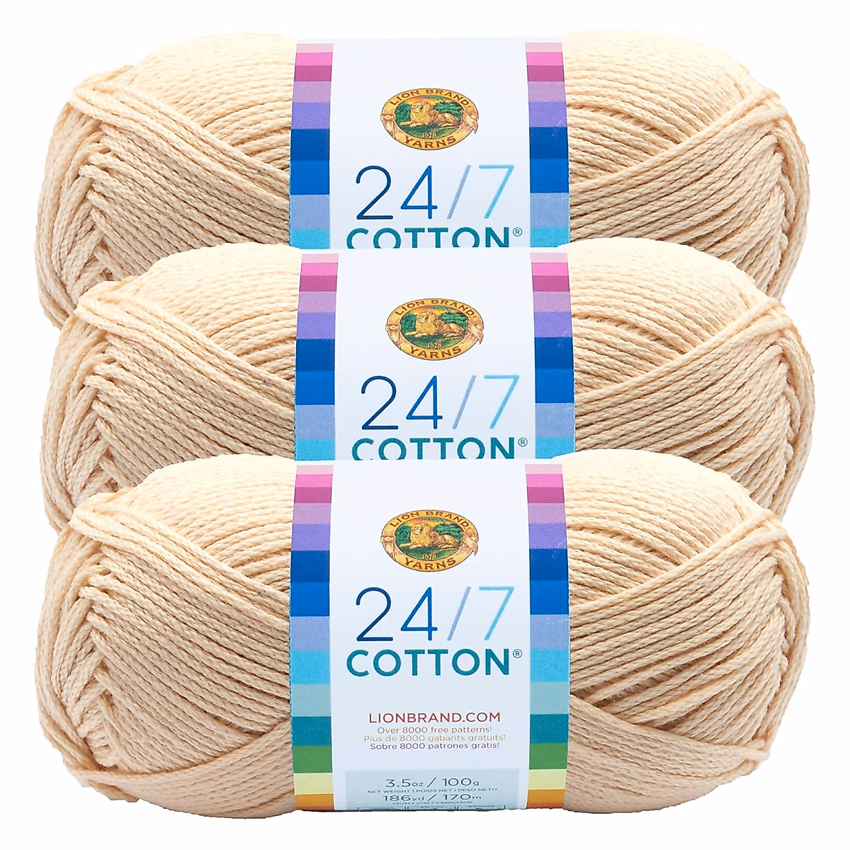Lion Brand 24/7 Cotton Yarn, Lightweight Yarn for Knitting, Crocheting, and Crafts, Ecru, 3 Pack
