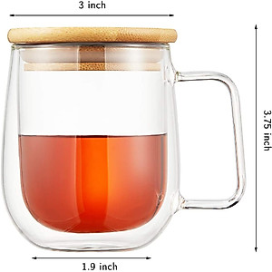 Teaovo 250ml/8.5oz Glass Coffee & Tea Cup Mug with Wooden Lid, Double Wall Borosilicate Glass Latte Espresso Mug with Insulated Handle, Dishwasher Safe, 2 Piece Set (C6502)