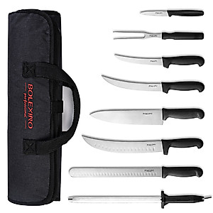 BOLEXINO Professional 9 Piece BBQ Knife Set, Knife Roll, Japanese style Premium stainless Steel Chef Knife Set, The Ultimate Grilling Set with Carrying Bag