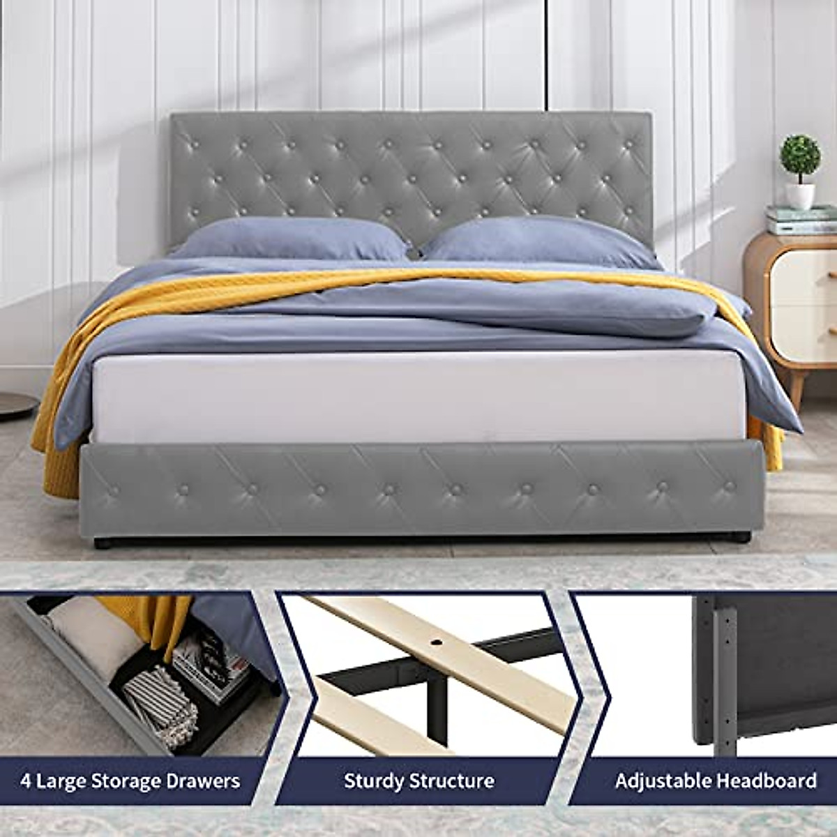 ZAFLY Upholstered California King Size Bed Frame with Tufted Headboard,PU Leather Platform Cal King Bed Frame with 4 Storage Drawers,Wooden Slats Support,No Box Spring Needed,Easy Assembly (Grey)