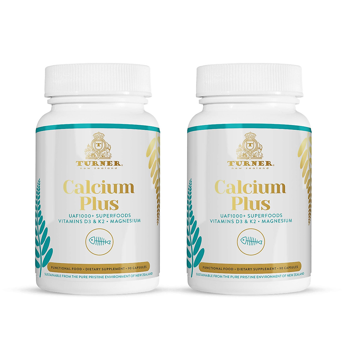 TURNER Calcium Plus, All-Natural Marine Calcium Supplement, with UAF1000+ Super Antioxidant, Magnesium + Vitamins K2 & D3, Supports Bone Density & Joint Health, 2 Bottles, 180 caps, 2 Month Supply