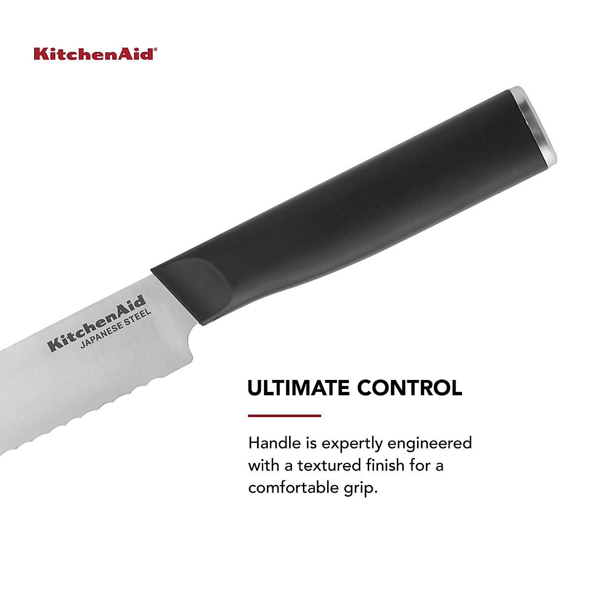 KitchenAid Classic Serrated Bread Knife with Custom-Fit Blade Cover, 8-inch, Sharp Kitchen Knife, High-Carbon Japanese Stainless Steel Blade, Black