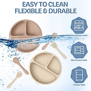 6 Pack Suction Plates for Baby with Spoon Fork Divided Toddler Plate with Suction Silicone Baby Self Feeding Set for Boys Girls (Gray, Green, Blue, Beige, Khaki, Purple)