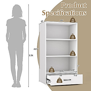 IFANNY 3 Shelf Bookcase with Drawer, Wood Bookshelves and Bookcases, Cube Bookcase Shelf, Small Bookshelf with Storage for Small Spaces, White Book Shelf for Bedroom, Living Room, Home Office