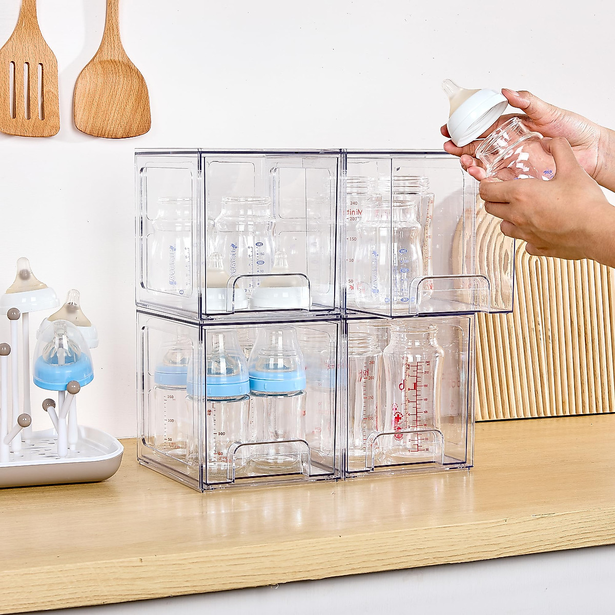 Vtopmart 4 Pack Stackable Makeup Organizer Storage Drawers, 6.6’‘ Tall Acrylic Bathroom Organizers，Clear Plastic Storage Bins For Vanity, Undersink, Kitchen Cabinets, Pantry Organization and Storage