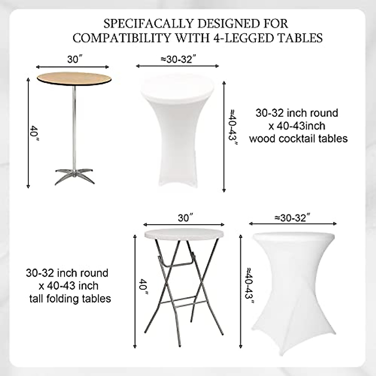 Dololoo 2 Pack Cocktail White Spandex Stretchable Tablecloths,Round Highboy Stretch Table Covers，Elastic Square Corners Table Clothes for Wedding,Party,Birthday,30"-32" Diameter x 40"-43" Height