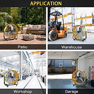 Heal Smart 24 Inch Heavy Duty Metal Industrial Drum Fan, 3 Speed Air Circulation for Warehouse, Greenhouse, Workshop, Patio, Factory and Basement - High Velocity, Yellow