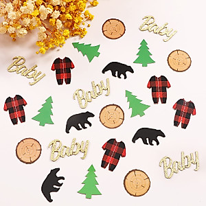 Lumberjack Baby Shower Decorations for Boys, 200 Pcs Lumberjack Confetti Including Glitter Baby Buffalo Plaid Bodysuit Tree Camping Bear Party Supplies