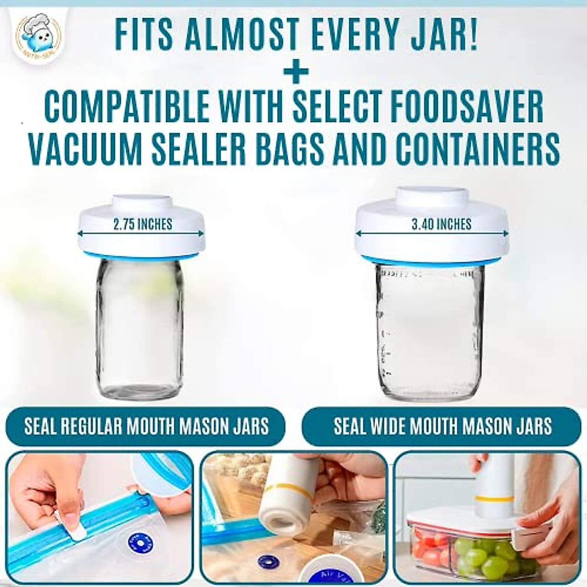 Nutri-Seal™ Electric Mason Jar Vacuum Sealer Kit - Easy to Use - Fits Wide & Regular Mouth Mason Jars - Compatible with All FoodSaver Models - Electric Handheld Vacuum Sealer For Jars & Vacuum Seal Containers - Includes Electric Vacuum Pump w/Compatibilit