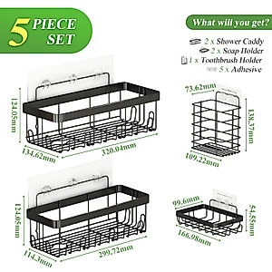 Kitstorack Shower Caddy, 5 Pack Adhesive Shower Organizer with 28 Hooks Wall Shampoo Holder for Bathroom Storage & Kitchen, Rustproof Large Shower Caddy Shelf Organizer Rack, Black