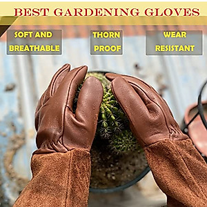 AOUCHI Long Leather Gardening Gloves for Women Men Kid, Breathable Cowhide Rose Pruning Thorn Proof Gloves with ﾠForearm Protection, Sheepskin Palms Cowhide Sleeves Garden Yard Safety Work Gloves(M)
