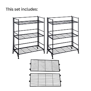 Convenience Concepts Xtra Storage 3 Tier Wide Folding Metal Shelves with Set of 2 Extension Shelves - Organizer for Living Room, Office, Bedroom, Garage, Kitchen, Bathroom, Black
