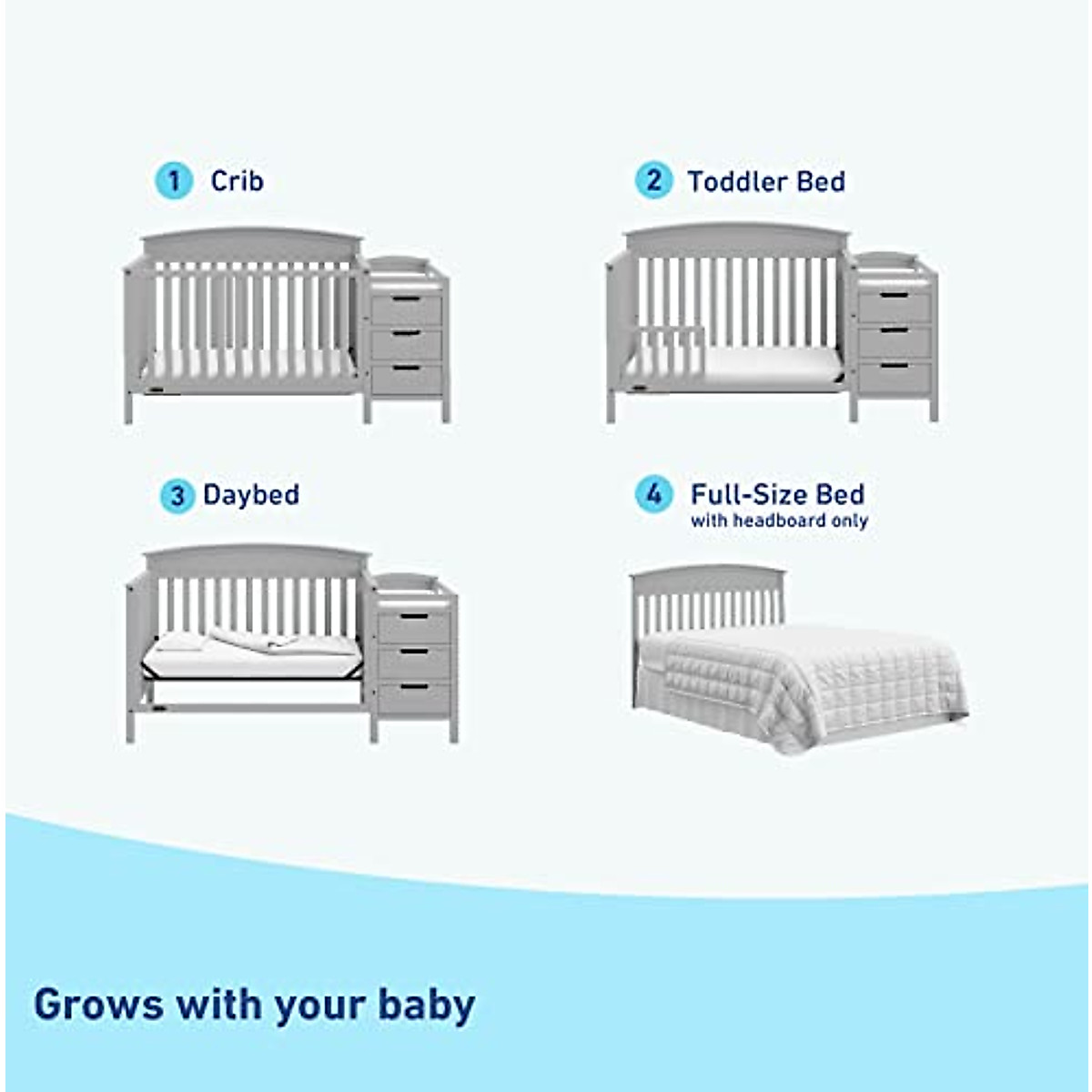 Graco Benton 5-in-1 Convertible Crib and Changer (Pebble Gray) – Crib and Changing Table Combo, Includes Water-Resistant Changing Pad, 3 Drawers, Converts to Toddler Bed, Daybed and Full-Size Bed