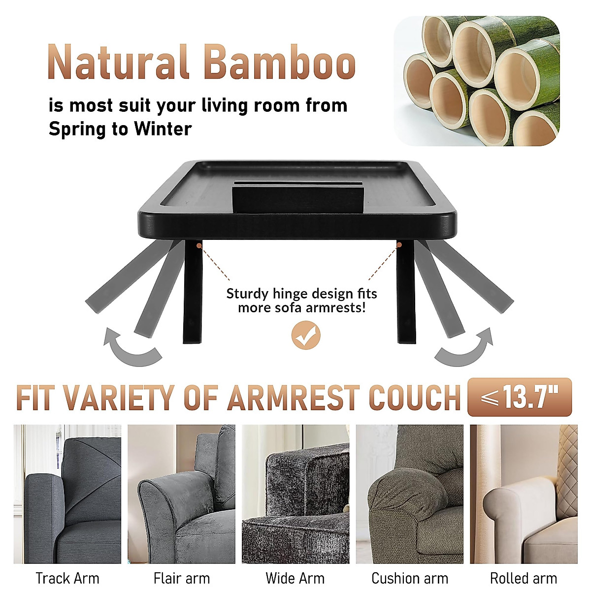 SINWANT Sofa Armrest Tray,Clip On Couch Arm Table, Foldable Sofa Arm Tray with 360° Rotating Phone Holder and Stable Sofa Table for Eating and Drink, Black