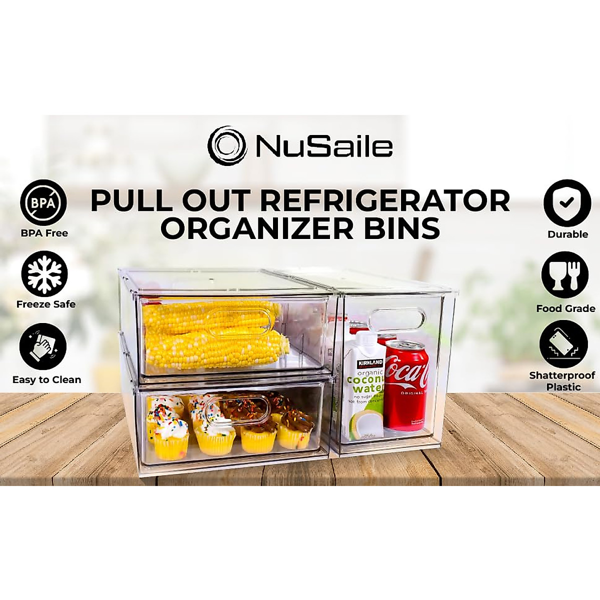 NuSaile Stackable Refrigerator Organizer Bins Pull Out Drawers with Handles - Vegetable and Fruit Storage Containers for Fridge - Kitchen Food Storage Bins - 9L+6L with Dividers+3L+3L (4 PC Set)