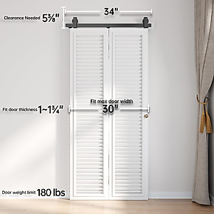 EaseLife 30" Bi-folding Sliding Barn Door Hardware Track Kit for 2 Closet Door,Top Mount Roller,Heavy Duty,Slide Smoothly Quietly,Easy Install,Black,No Door (Track Length 34" for Double 15" Wide Door)