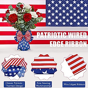 2 Rolls 20 Yard Red White and Blue Ribbon Patriotic Star and Striped Wired Ribbon Royal Blue USA Ribbon DIY Crafts for 4th of July, Independence Day, Memorial Day (Red, White, Blue, 2.5 Inch)