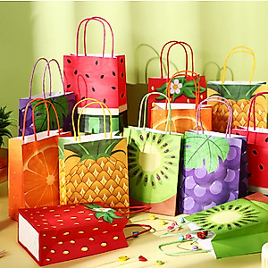24 Pieces Summer Fruit Party Favor Bags, Paper Tutti Frutti Gift Treat Bag with Colorful Handle Candy Goodie Bag for Themed Birthday Baby Shower Party Supplies (Watermelon Kiwi Strawberry Orange)