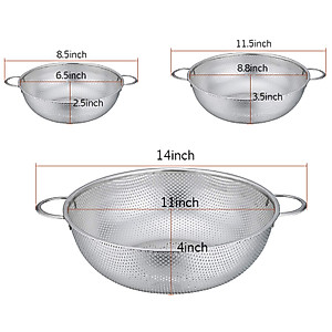 P&P CHEF Colander Set of 3, Stainless Steel Micro-Perforated Colanders Strainers for Draining Rinsing Washing, Ideal for Pasta Vegetables Fruits, Heavy Duty & Dishwasher Safe - 1/3/5 Quart