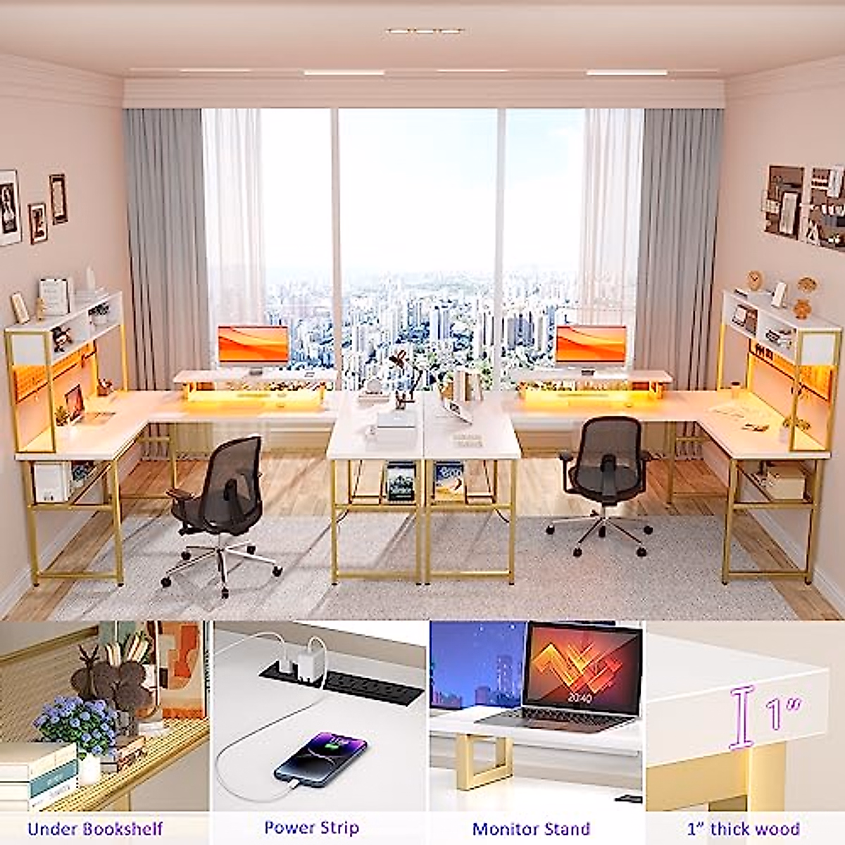 Unikito Modern Reversible L-Shaped Desk with Hutch, 60"W x 60"D x 72"H, 3 Desktops, RGB LED Strip Lights, Smart App Control, Monitor Stand, 4 Power Outlets, 2 USB Charging Ports, Grid Design
