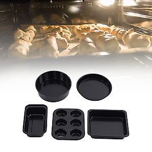5Pcs Nonstick Bakeware Set Carbon Steel Baking Pans Kit High Temperature Resistance with Cake Mold,Baking Sheet,Pizza Tray,Quadrate & Rectangular Baking Pan for Household Bakery(Black)