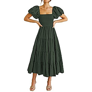 PRETTYGARDEN Women's Casual Summer Midi Dress Puffy Short Sleeve Square Neck Smocked Tiered Ruffle Dresses (Army Green,Medium)