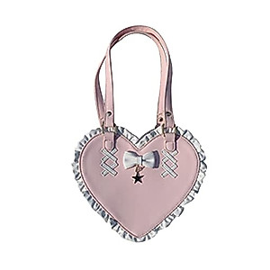 Kawaii Bowknot Heart Shaped Purses Cute Handbags Women Lolita Stitching Color Shoulder Bags (Pink)