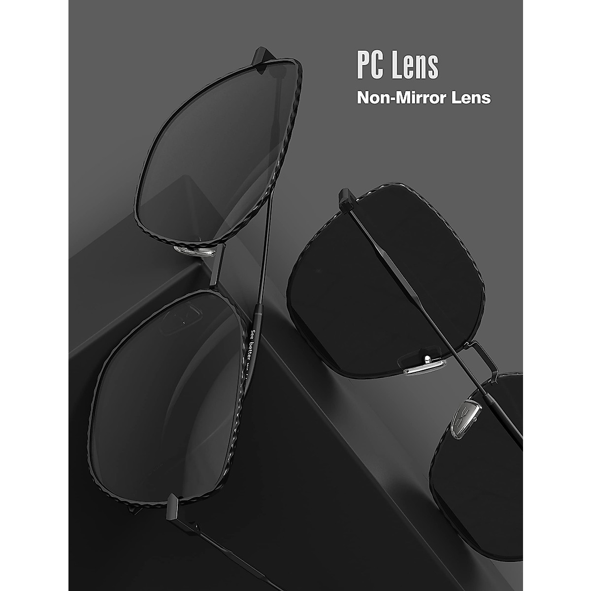 LUENX Trendy Square Oversized Women Aviator Sunglasses - Polygon Flat Three dimensional Rhombic Loop Wire Black Frame PC Grey Lens