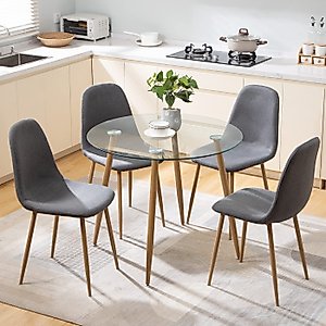 Bacyion 5 Pieces Dining Table Set for 4, Round Glass Dining Table and Fabric Chairs with Metal Legs, Modern Table and Chairs for Dining Room and Kitchen