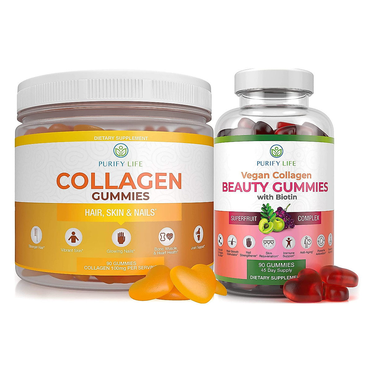 Purify Life Marine Collagen & Vegan Collagen Bundle, Gummies Vitamins for Hair Skin and Nails Health (90 Chews), Pore Reducer & Elasticity, Replace Capsules, Pills