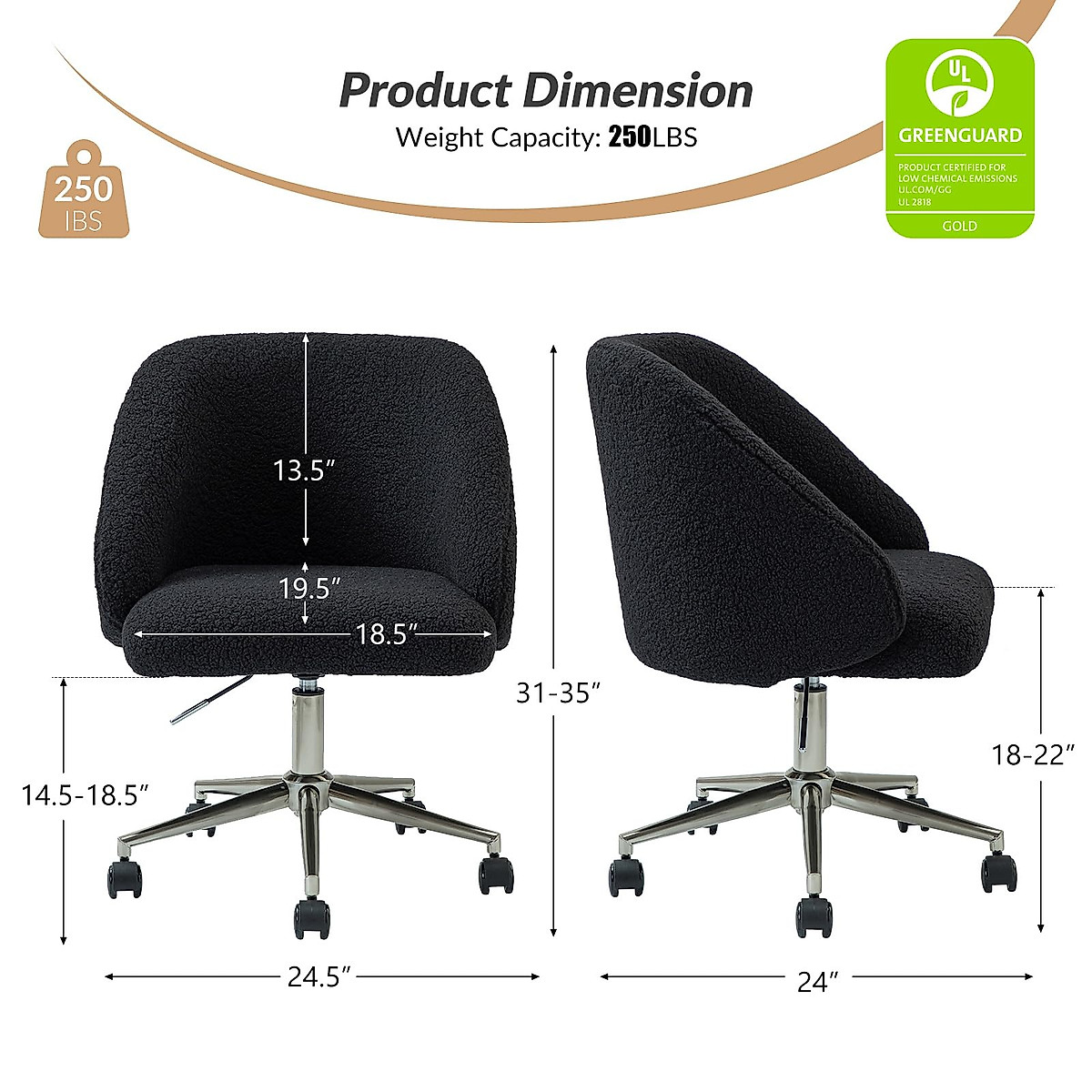 HULALA HOME Sherpa Home Office Desk Chair, Comfy Upholstered Adjustable Height Task Chair, Lamb Fleece Vanity Chair for Bedroom, Study Room, Black