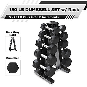 WF Athletic Supply 5-25Lb Rubber Coated Hex Dumbbell Set with A Frame Storage Rack Non-Slip Hex Shape for Muscle Toning, Strength Building & Weight Loss - Multiple Choices Available