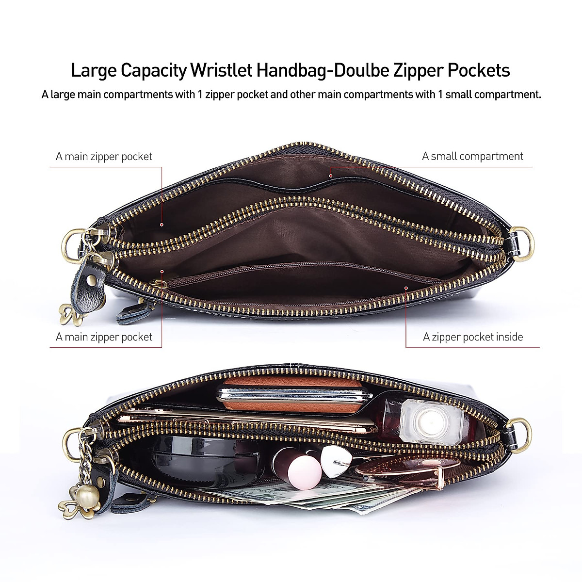 Perenne Small Crossbody Purses for Women Clutch Crossbody Bag Wristlet Handbags Large Capacity Genuine Leather Double Zipper with Wrist Shoulder Strap Black