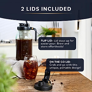 Cold Brew Coffee Maker with Heavy Duty Glass Body & 2 Lids - Iced Tea Machines with Stainless Steel Filter - Iced Coffee Maker - Cold Brew Mason Jar Pitcher with Flip Cap Lid (64 oz / 2 quart, Black)