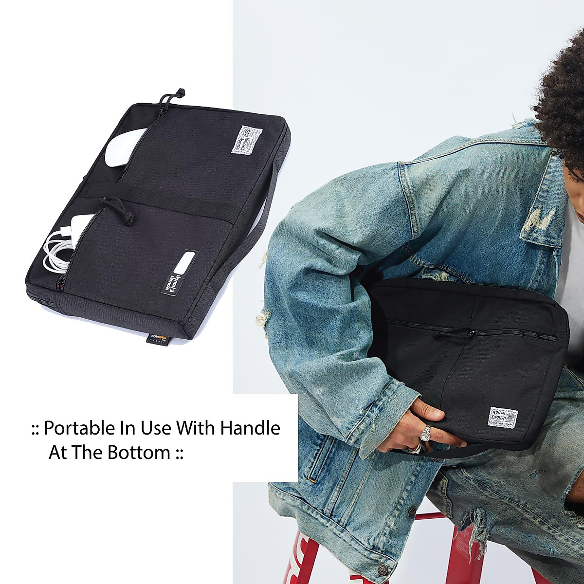 Rough Enough 13 14 Inch Laptop Sleeve Case Bag with Zipper Accessory Pocket for Notebook Computer Black Cordura