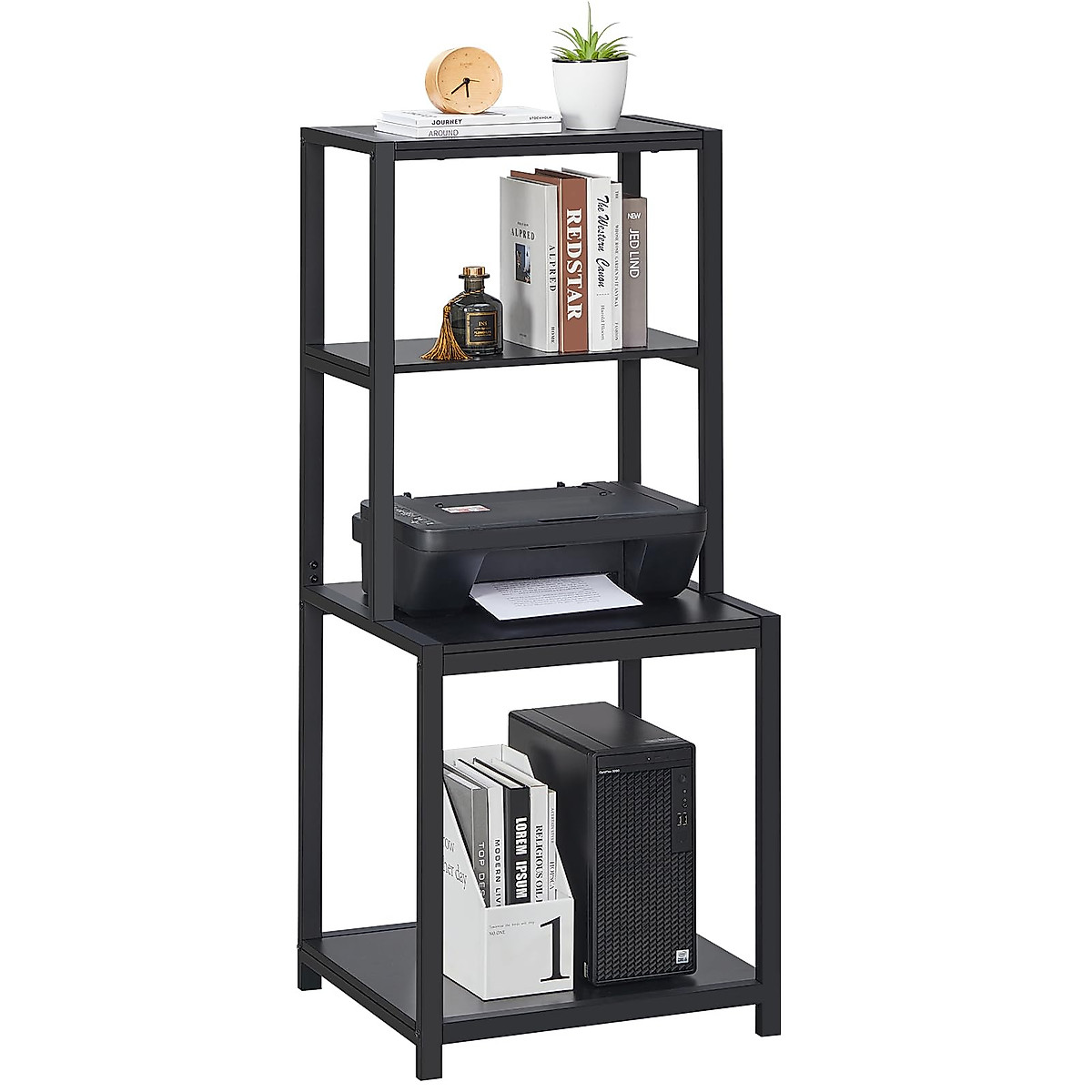 GreenForest Computer Home Office Desk with Monitor Stand and Storage Shelves on Left or Right Side, Printer Stand with Storage Shelf, 49.2 inch Large Tall 4 Tier Printer Table for Home Office Organiza