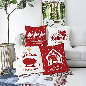 Christmas Pillow Covers 20x20 Inch Set of 4 Navitity Religious Throw Pillow Covers Red And White Christmas Xmas Winter Pillowcase Home Decor Living Room House Decorative Cushion Case for Sofa Couch