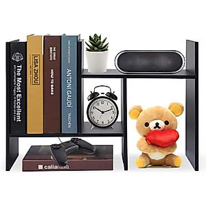 Hossejoy Desktop Organizer Office Storage Rack Adjustable Wood Desk Organizer Display Shelf, Countertop Bookcase Desktop Bookshelf- Free Style Double H Display, Black